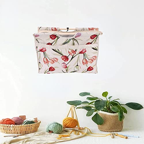 Knitting Tote Bag,Exquisite Practical Wood Handle Woven Fabric Storage Bag for Knitting Needles Sewing Tools(Red Flower)