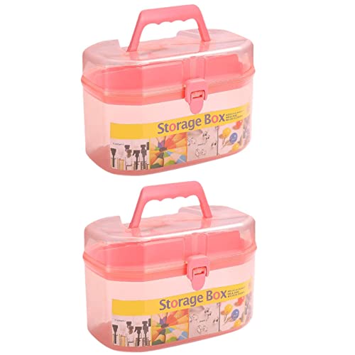 Soziyu 2PCS Art and Craft Storage Box with Removable Tray, Multipurpose Plastic Organizer and Storage Container Case with Handle (9 Inches, Pink)