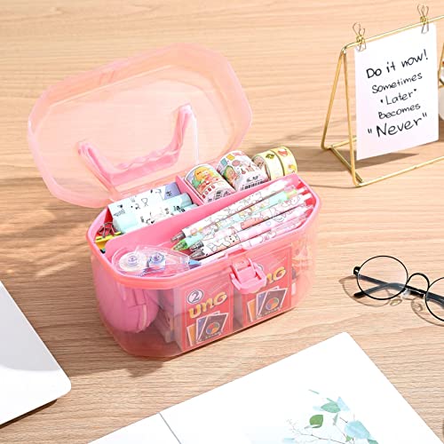 Soziyu 2PCS Art and Craft Storage Box with Removable Tray, Multipurpose Plastic Organizer and Storage Container Case with Handle (9 Inches, Pink)