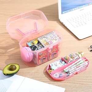 Soziyu 2PCS Art and Craft Storage Box with Removable Tray, Multipurpose Plastic Organizer and Storage Container Case with Handle (9 Inches, Pink)