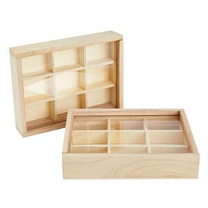 small unfinished wood box with lid, 9 compartment storage boxes (6.75 x 5.1 inches, 2 pack)