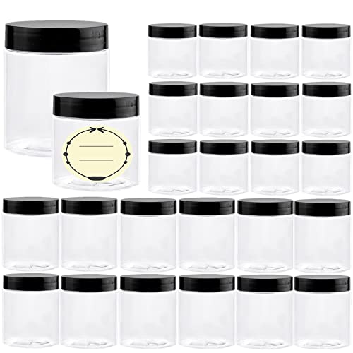 TUZAZO 24 Pack Clear Empty Plastic Slime Containers with Lids and Labels - 12pcs 8 OZ and 12pcs 4 OZ Plastic Storage Jars with Leak-Proof Lids for Slime, Jewelry Making, Cosmetic, Paint and Beads