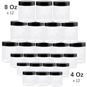 TUZAZO 24 Pack Clear Empty Plastic Slime Containers with Lids and Labels - 12pcs 8 OZ and 12pcs 4 OZ Plastic Storage Jars with Leak-Proof Lids for Slime, Jewelry Making, Cosmetic, Paint and Beads