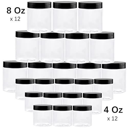 TUZAZO 24 Pack Clear Empty Plastic Slime Containers with Lids and Labels - 12pcs 8 OZ and 12pcs 4 OZ Plastic Storage Jars with Leak-Proof Lids for Slime, Jewelry Making, Cosmetic, Paint and Beads