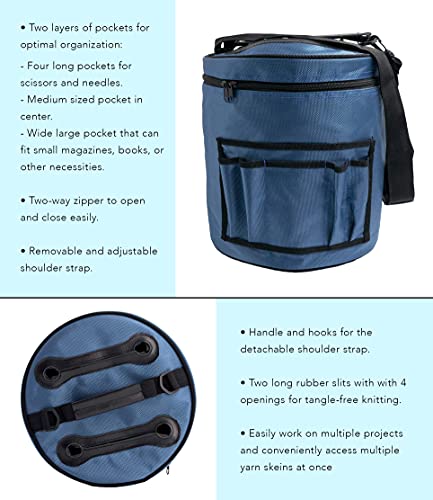 LAMINET YARN CADDY, Yarn Storage Bag, Organizer Tote Bag, Large Capacity - Spacious - Lightweight - Zippered, Multiple Pockets, Shoulder Strap Bag for Knitting/Crocheting Needles and Accessories, BLUE