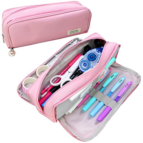 Large Capacity Pen Pencil Case, Big Capacity Storage Pencil Pouch with 3 Compartments for Teen Boys Girls School Students ( Pink )