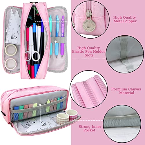 Large Capacity Pen Pencil Case, Big Capacity Storage Pencil Pouch with 3 Compartments for Teen Boys Girls School Students ( Pink )