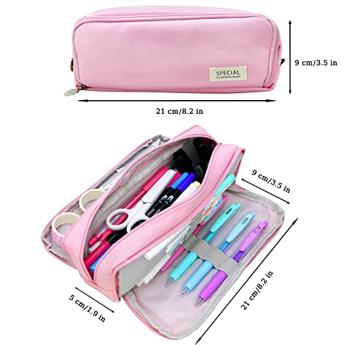 Large Capacity Pen Pencil Case, Big Capacity Storage Pencil Pouch with 3 Compartments for Teen Boys Girls School Students ( Pink )