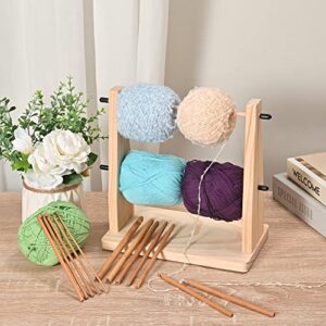 sparkle race wooden crochet yarn holder, double revolving yarn storage for crochet yarn ball knitting & crochet supplies, horizontal wood yarn ball holder with 12 bamboo crochet hooks