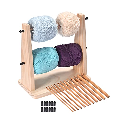 Sparkle Race Wooden Crochet Yarn Holder, Double Revolving Yarn Storage for Crochet Yarn Ball Knitting & Crochet Supplies, Horizontal Wood Yarn Ball Holder with 12 Bamboo Crochet Hooks