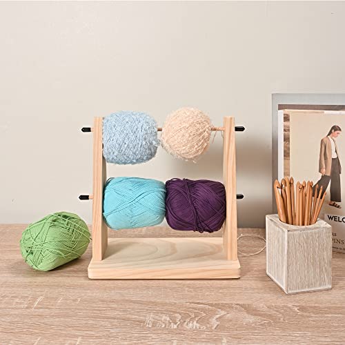 Sparkle Race Wooden Crochet Yarn Holder, Double Revolving Yarn Storage for Crochet Yarn Ball Knitting & Crochet Supplies, Horizontal Wood Yarn Ball Holder with 12 Bamboo Crochet Hooks