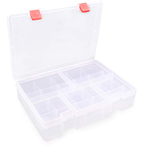 UHOUSE Plastic Organizer Container with Adjustable Dividers,Plastic Storage Box with 18 Removable Grids,Jewelry Organizer Compartments for Cosmetics Craft, Toy, Fuse Beads, Washi Tapes (Clear)