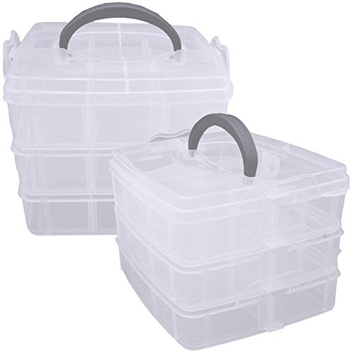 2 Pack - Stackable Craft Organizer Box, 3-Layer Small Storage Container Case, with Adjustable Compartments for Beads, Crafts, Jewelry, Fishing Tackle (5.75 x 5.75 x 5 inches)