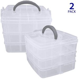 2 Pack - Stackable Craft Organizer Box, 3-Layer Small Storage Container Case, with Adjustable Compartments for Beads, Crafts, Jewelry, Fishing Tackle (5.75 x 5.75 x 5 inches)