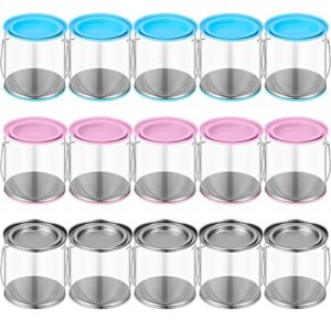 15 pcs mini clear paint can containers 2.95 inch tall empty paint cans with lids pvc small paint bucket decorative faux paint pails for crafts candy diy projects party favor, 3 colors