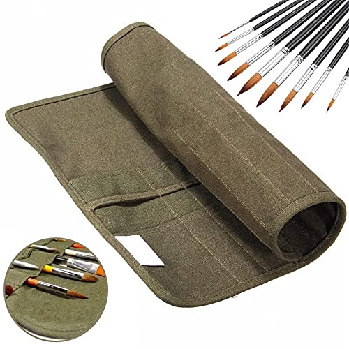 22 slots Paint Brush Case Canvas Paint Brush Holder, Roll Up Storage Bag Holder Canvas Wrap for Acrylic Watercolor Oil Face Brush - Army Green