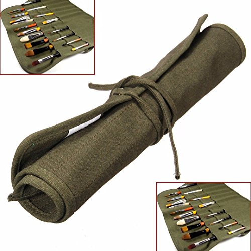 22 slots Paint Brush Case Canvas Paint Brush Holder, Roll Up Storage Bag Holder Canvas Wrap for Acrylic Watercolor Oil Face Brush - Army Green