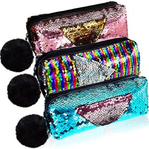 3 pieces sequin cosmetic bag mermaid spiral reversible sequin student pencil case for girls double color zipper make up bag (classic pattern)