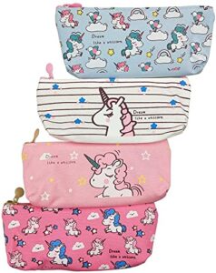 momoonnon 4pcs cute unicorn cartoon zipper pencil case pouch pen holder makeup bag organizer canvas stationery storage bag for kids girls