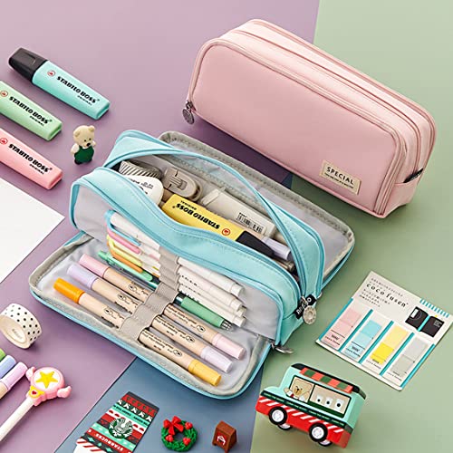 EHOPE Large Capacity Pencil Case 3 Compartments Pencil Pouch Portable Large Storage Canvas Pencil Bag for School Student Teen Girl Boy (Green)