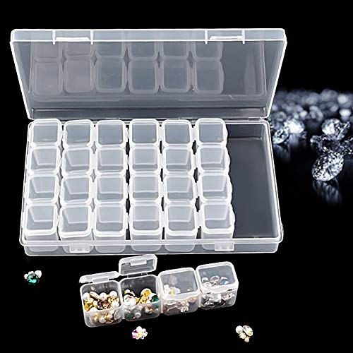 1 Pack 28 Grids Diamond Painting Box Plastic Jewelry Organizer Storage Container Diamond Embroidery Storage Boxes Nail Art Tools Storage Case for DIY Rhinestone Beads or Nail Art Small Findings, Clear