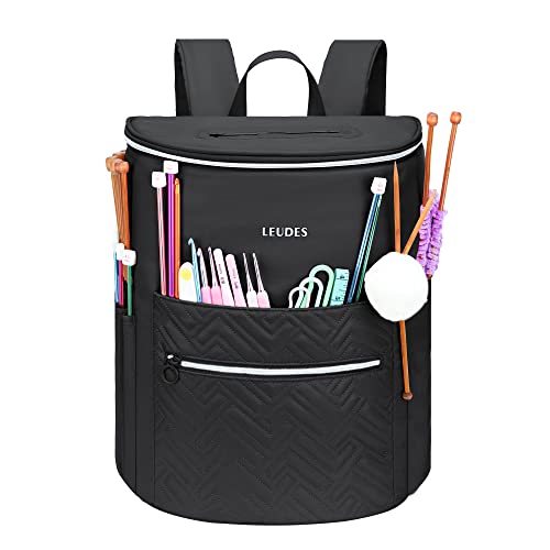 Knitting Bag Backpack Organizer, Leudes Travel Crochet Bag Yarn Storage Tote Bag Yarn Holder Case for Carrying Projects, Knitting Needles, Crochet Hooks and Crochet Accessories (Large, Black)