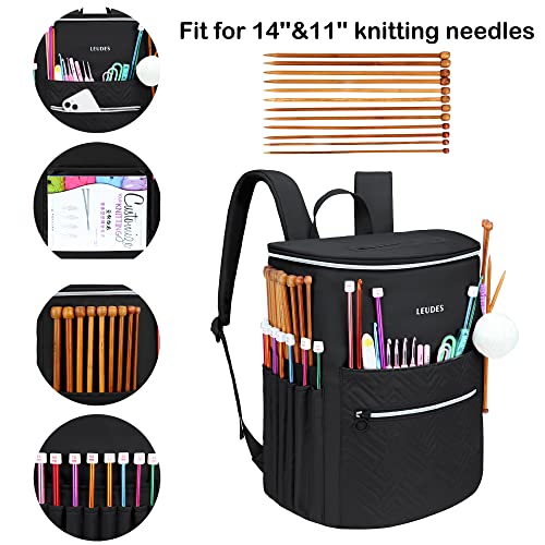 Knitting Bag Backpack Organizer, Leudes Travel Crochet Bag Yarn Storage Tote Bag Yarn Holder Case for Carrying Projects, Knitting Needles, Crochet Hooks and Crochet Accessories (Large, Black)