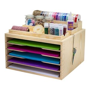 HYGGEHAUS Scrapbook Paper Storage & Organization - Art & Craft Organizer Made from Solid Pinewood | 3 Storage Trays, Magnetic Adhesive Sheet, Hook for Scissors & Portability Handle | Stackable Design