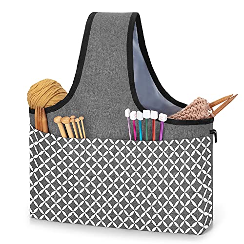 YARWO Yarn Storage Tote, Knitting Project Wrist Bag for Yarn Skeins, Knitting Needles, WIP Projects and Other Knitting Supplies, Gray with Grid (Bag Only)