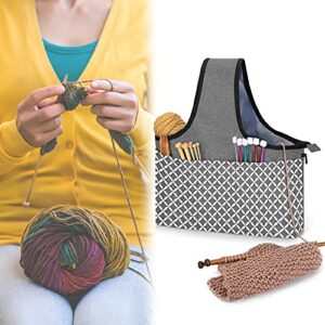 YARWO Yarn Storage Tote, Knitting Project Wrist Bag for Yarn Skeins, Knitting Needles, WIP Projects and Other Knitting Supplies, Gray with Grid (Bag Only)