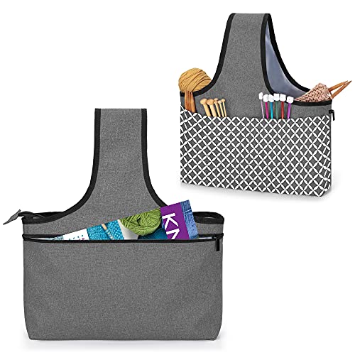 YARWO Yarn Storage Tote, Knitting Project Wrist Bag for Yarn Skeins, Knitting Needles, WIP Projects and Other Knitting Supplies, Gray with Grid (Bag Only)