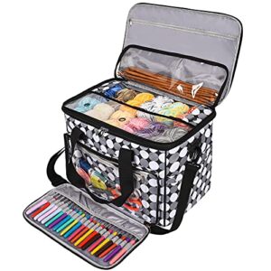 knitting bag, yarn tote organizer with cover and ajustable inner divider for crochet hooks, knitting needles(up to 14”), yarn storage bag for carrying projects and supplies(no accessories included)