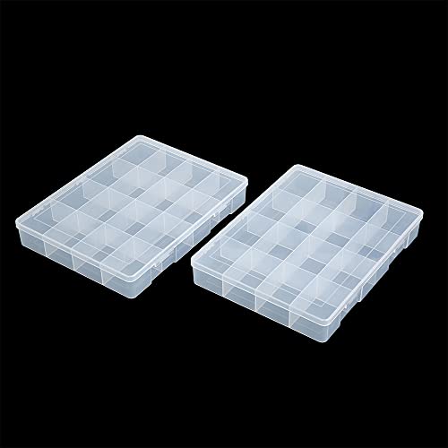 BangQiao 2 Pack Fixed 16 Grids Clear Plastic Large Compartment Container Case, Transparent Organizer Storage Divider Box with Lid for Bead, Button, Hardware, Screw, Sewing Kit, Craft Supplies