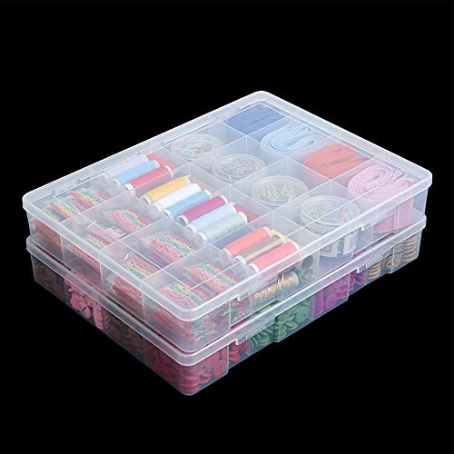 BangQiao 2 Pack Fixed 16 Grids Clear Plastic Large Compartment Container Case, Transparent Organizer Storage Divider Box with Lid for Bead, Button, Hardware, Screw, Sewing Kit, Craft Supplies