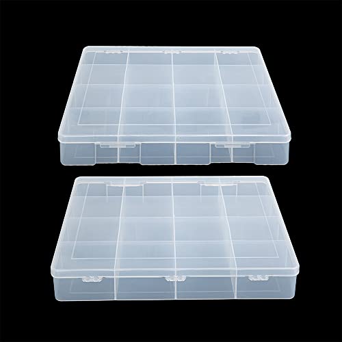 BangQiao 2 Pack Fixed 16 Grids Clear Plastic Large Compartment Container Case, Transparent Organizer Storage Divider Box with Lid for Bead, Button, Hardware, Screw, Sewing Kit, Craft Supplies