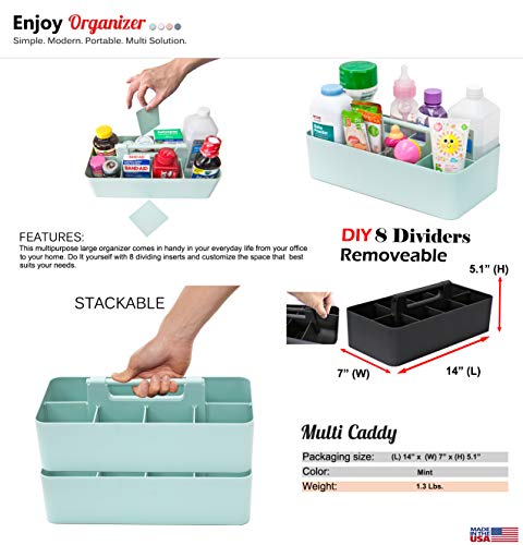 Enjoy Organizer 2 PACK - Portable DIY 8 Dividers Durable Plastic Tote Basket Bin Tool & Supply Cleaning Caddy with Handle Made In USA (Mint)