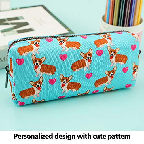 LParkin Kawaii Corgi Dogs Large Capacity Cute Gadget Canvas Pencil Case Pen Bag Pouch Box Stationary Case Makeup Cosmetic Bag