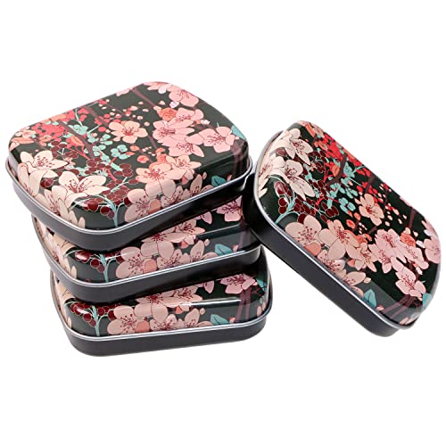 Mini Skater Small Metal Portable Storage Box, Mini Rectangle Empty Hinged Tins with Lid, Home Organizer for Drawing Pin, Pills, Candies, Earring and Jewelry Craft, 4Pcs(Black & Floral)