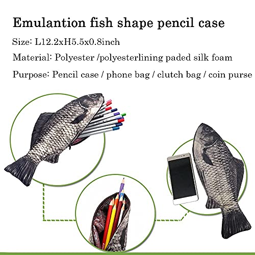 Emulation Fish Shape Creative Pencil Case Pen Bag Coin Purse Phone Bag with Simulated Lining Inside Padded Thick Foam with 12pcs Color Pencil Gift