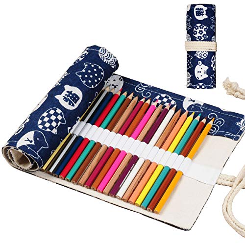 Enyuwlcm Canvas Stationery Handmade Roll Up Pencil Case for Artist Pencil Wrap Coloring Pencil Holder 24/36/48/72 Slots Cat Pattern Blue(72slots)