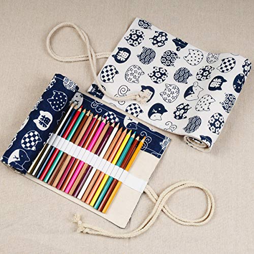 Enyuwlcm Canvas Stationery Handmade Roll Up Pencil Case for Artist Pencil Wrap Coloring Pencil Holder 24/36/48/72 Slots Cat Pattern Blue(72slots)