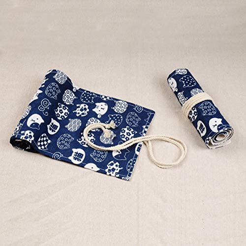 Enyuwlcm Canvas Stationery Handmade Roll Up Pencil Case for Artist Pencil Wrap Coloring Pencil Holder 24/36/48/72 Slots Cat Pattern Blue(72slots)