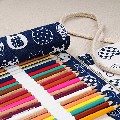 Enyuwlcm Canvas Stationery Handmade Roll Up Pencil Case for Artist Pencil Wrap Coloring Pencil Holder 24/36/48/72 Slots Cat Pattern Blue(72slots)