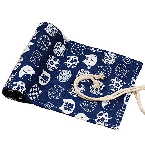 Enyuwlcm Canvas Stationery Handmade Roll Up Pencil Case for Artist Pencil Wrap Coloring Pencil Holder 24/36/48/72 Slots Cat Pattern Blue(72slots)