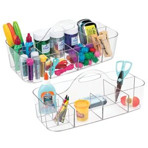 mdesign plastic divided art and craft storage organizer caddy tote bin with handle for home office and living room – holds pencils, crayons, sewing supplies – lumiere collection, 2 pack, clear