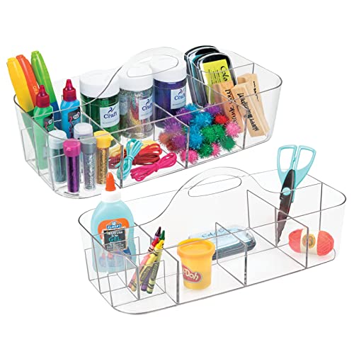 mDesign Plastic Divided Art and Craft Storage Organizer Caddy Tote Bin with Handle for Home Office and Living Room - Holds Pencils, Crayons, Sewing Supplies - Lumiere Collection, 2 Pack, Clear