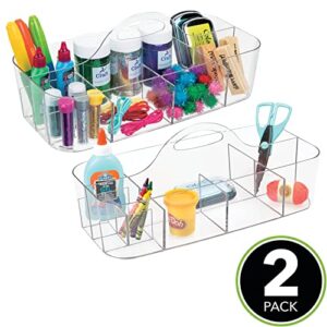 mDesign Plastic Divided Art and Craft Storage Organizer Caddy Tote Bin with Handle for Home Office and Living Room - Holds Pencils, Crayons, Sewing Supplies - Lumiere Collection, 2 Pack, Clear