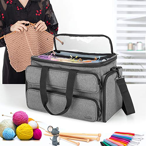 YARWO Knitting Bag, Yarn Storage Organizer Tote for Knitting Needles(Up to 14”), Crochet Hooks, Circular Needles, Projects and Skeins of Yarn, Gray (Bag Only)