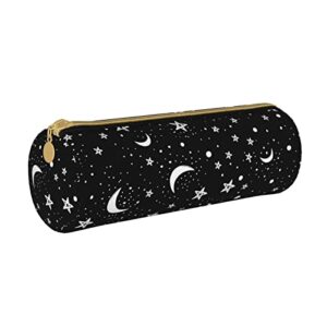 yangdada black moons white stars leather cylinder pencil case, pencil pouch medium capacity portable multifunction pen bag for girls boys kids teen