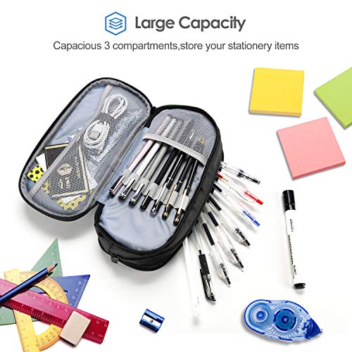 ProCase Big Capacity Pencil Case Pen Bag, Handheld Pencil Holder Pouch Pen Organizer Students Stationery Pouch with Durable Zipper Multi Compartments for School & Office Supplies –Black